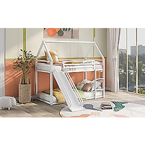Tidyard Twin Over Twin House Bunk Bed with Ladder and Slide,White for Bedroom Dorm Guest Room Home Furniture