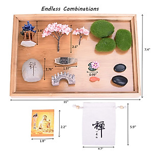Japanese Zen Garden - Home & Office Desk Mini Garden with Rock Vase Fish Bridge Boat Cherry Trees - Meditation Gift Set for Relaxation - 3 Rake Tools and Zen Accessories (Rectangular)
