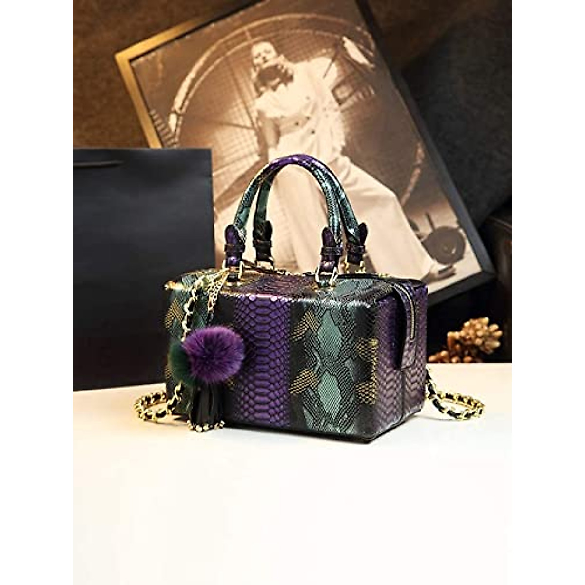 Shirt Luv Genuine Leather Women's Snake Pattern Handbags Chain Shoulder Crossbody Purses Box Top Handle Satchel Bags (Purple)