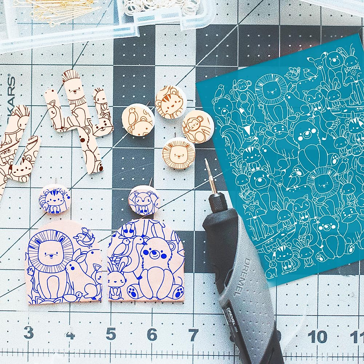 OLYCRAFT 4x5 Inch Clay Stencils Animal Pattern Silk Screen for Polymer Clay Line Zoo Rabbit Bear Monkey Silk Screen Stencils Mesh Transfer Stencils Animal Mesh Stencil for Polymer Clay Jewelry Making