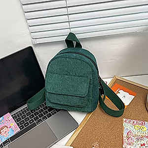 AZURAOKEY Women Mini Backpack Corduroy Girls Bookbags Travel Rucksack (Dark Green)