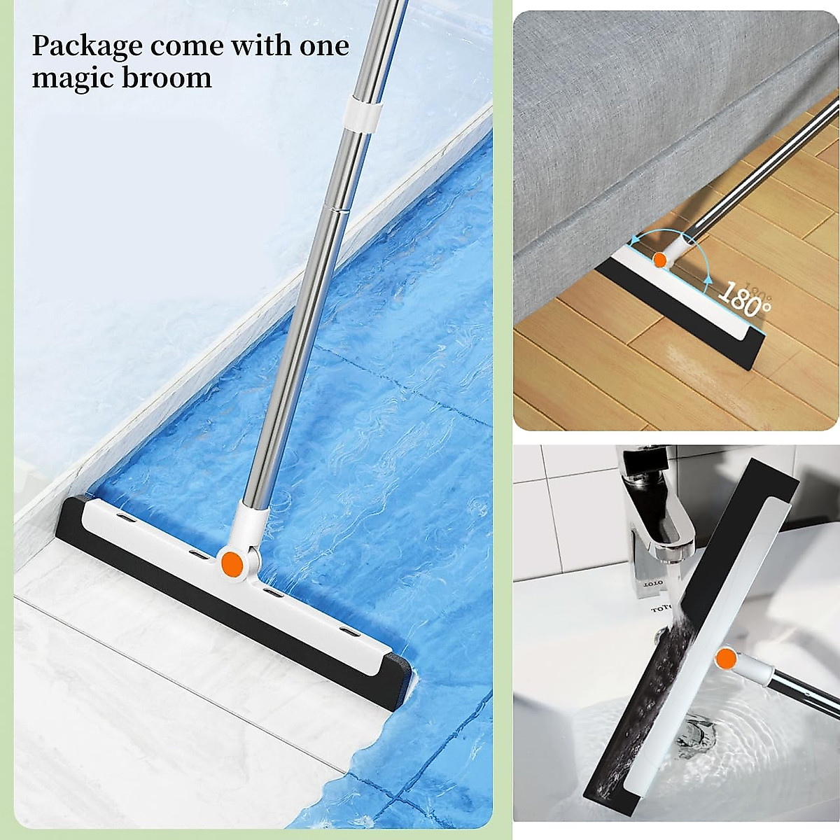 Premium Broom and Dustpan Combo Set - Long Handle, 180° Rotating, Standing Storage - Built-in Comb Teeth and Claps for Dust Wipe Paper - Space-Saving Design (Orange)