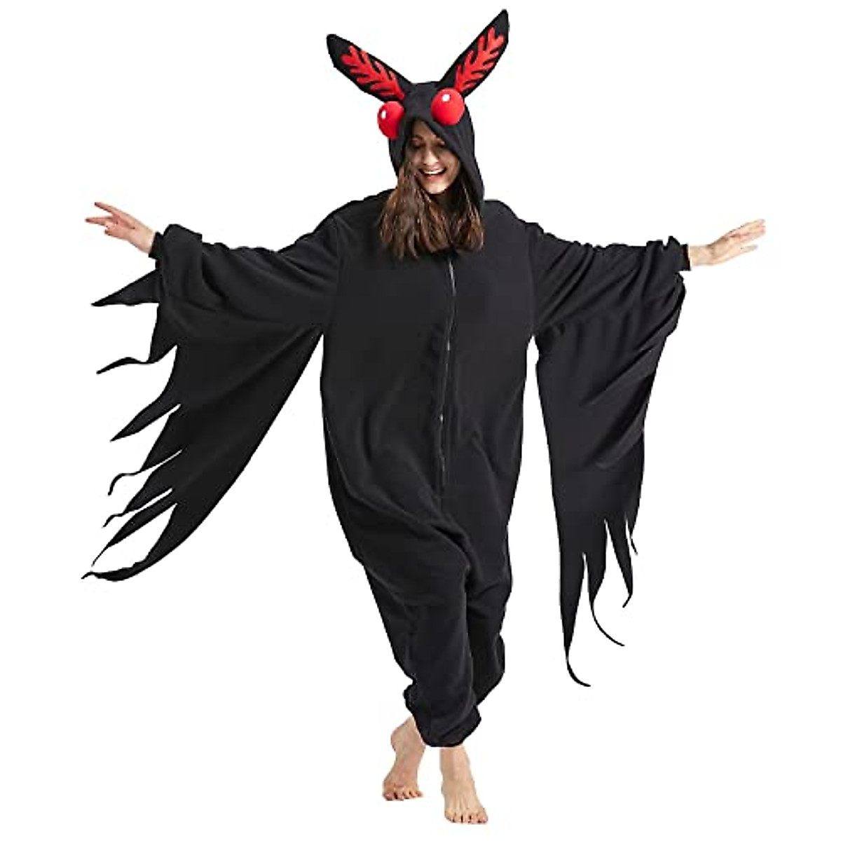 WAWRTOU Mothman Costume Halloween Onesie Adult Cosplay Onesies Pajamas Christmas Sleepwear for Women Men (antenna can Stand)