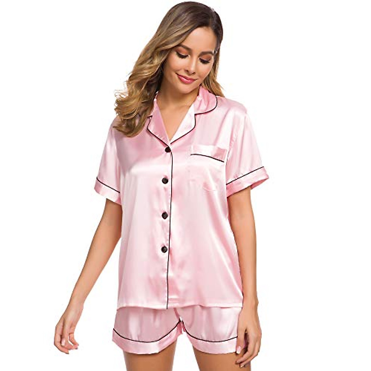 SWOMOG Womens Silk Satin Pajamas Set Two-piece Pj Sets Sleepwear Loungewear Button-Down Pj Sets Pink