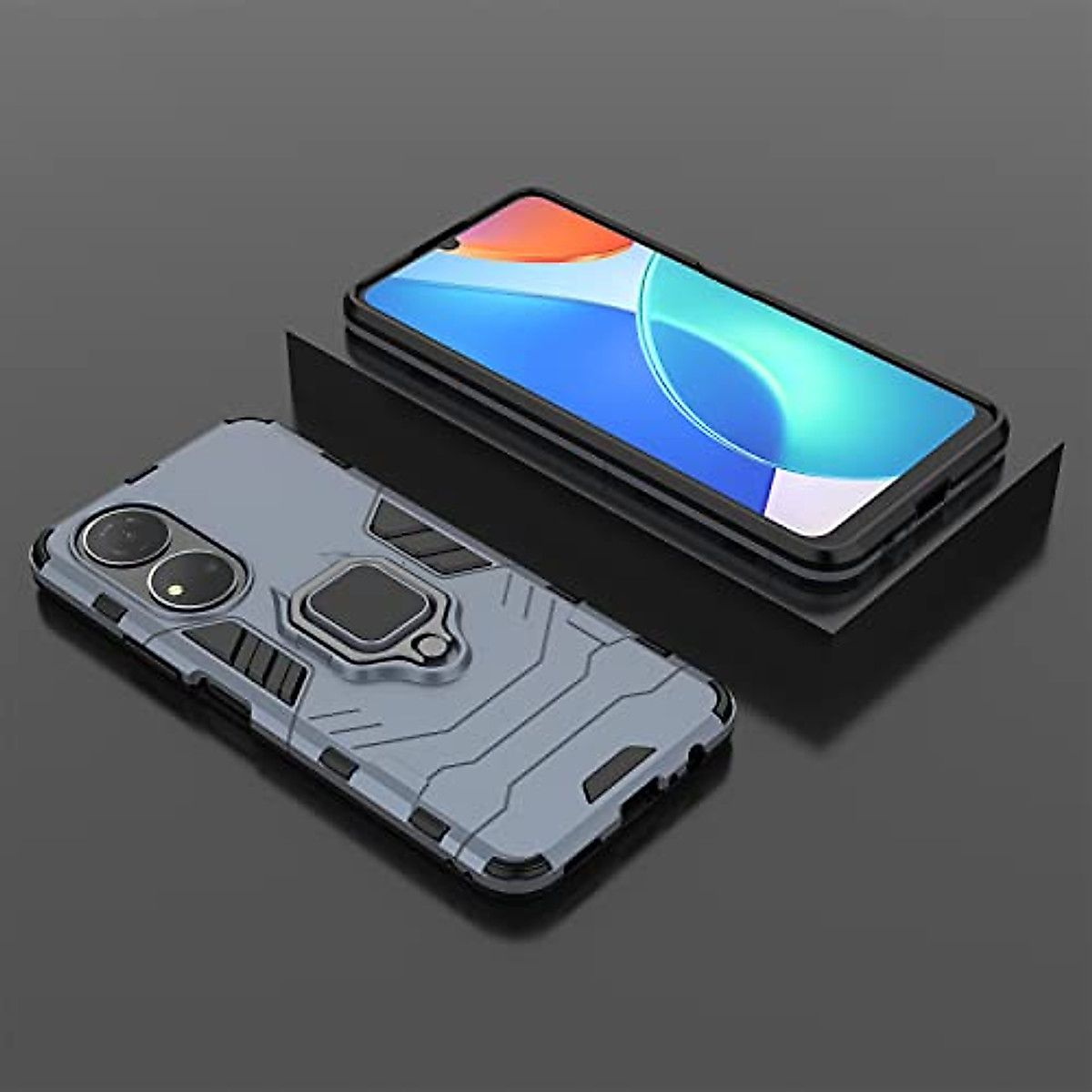 Compatible with Honor X7 Case Kickstand with Tempered Glass Screen Protector [2 Pieces], Hybrid Heavy Duty Armor Dual Layer Anti-Scratch Phone Case Cover, Blue