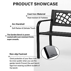 45.5in Outdoor Patio Garden Bench Mesh Pattern Loveseat,Cast Iron Heavy Duty Front Porch Chair w/Steel Frame- Easy Assembly Rust Free for Park Yard Backyard Lawn Pool Decor Deck Furniture- Black