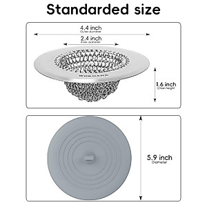 1 Pcs Bathtub Drain Hair Catcher, Reversible 304 Stainless Steel Drain Protector & 1 Pcs Large Silicone Sink Stopper, 5.9 Inch Flat Suction Cover for Kitchen Sink Bathroom Accessories and Laundry