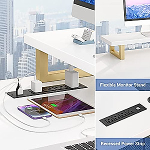 Unikito U Shaped Desk with LED Strip and Power Outlet, Reversible Large Corner Computer Desk with Monitor Stand and Storage Shelf, 83 Inch U Shape Office Desks, 2 Person L Shaped Gaming Table, White