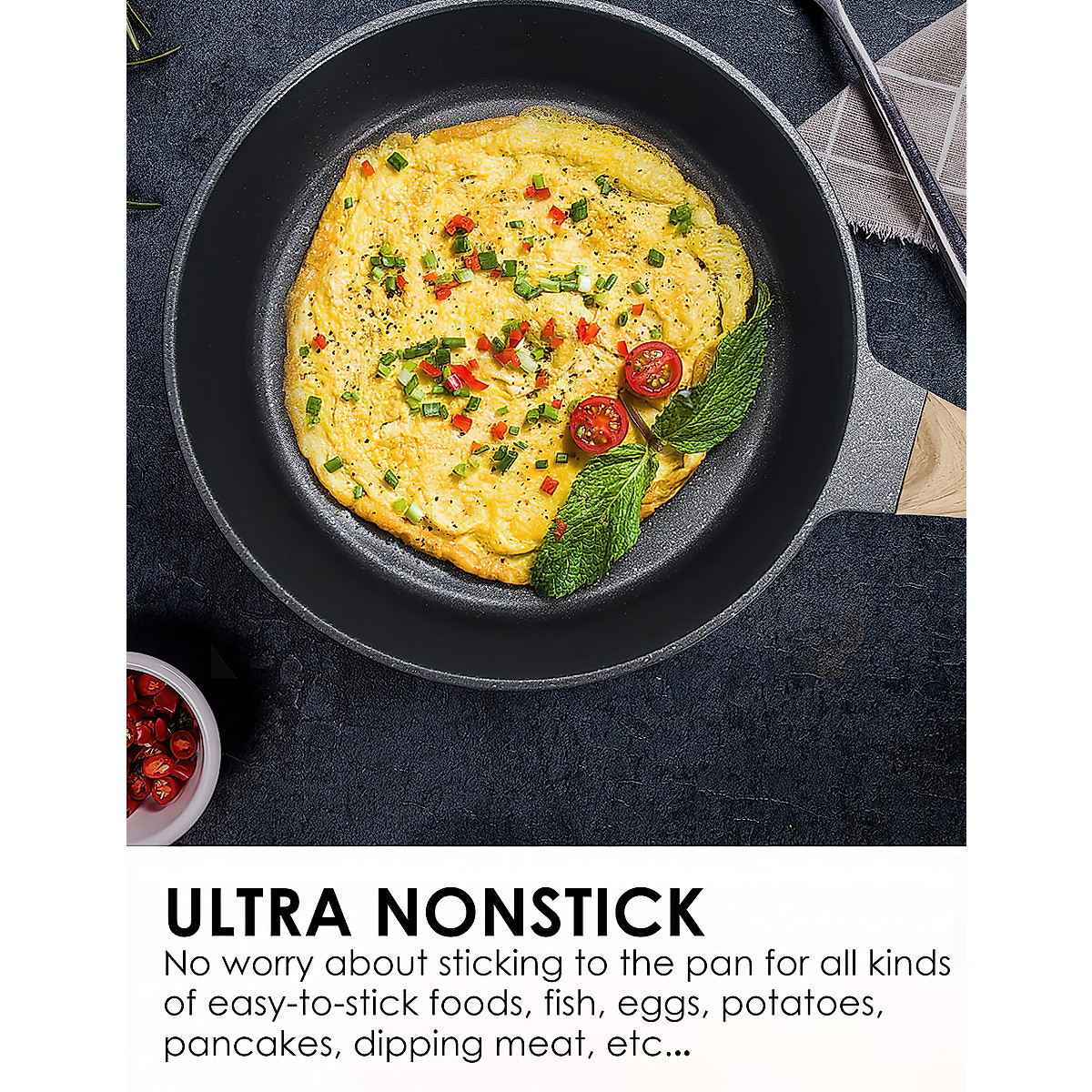 TAMASAKI 11 Inch Nonstick Medical Stone Skillet No Fumes Frying Pan Household Nonstick Cookware Stone-Derived Coating with Glass Lid Black