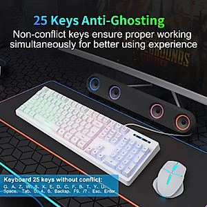 HUO JI White Gaming Keyboard USB Wired with Rainbow LED Backlit, Floating Keys, Mechanical Feeling, Spill resistant, Ergonomic for Xbox, PS Series, Desktop, Computer, PC