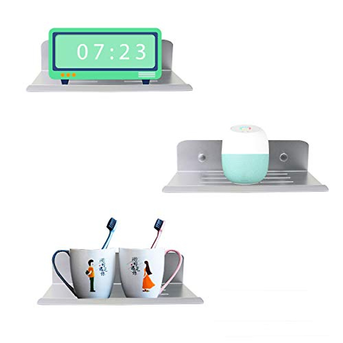 SinLoon 7.8 Inch Small Shelf in Flat Satin Aluminum Bathroom Shelf Wall Mount for Small Speaker Smartphone, Tablet, Toiletries Silver 2 Pack