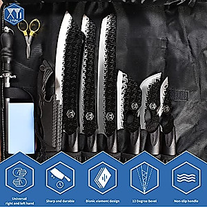 XYJ Authentic Since 1986,6pcs Cooking Slice Knives Set,Camping Chef Knife With Sheath Holder,Honing Steel,Whetstone,Cake Knife,Roll Bag Kitchen Vegetable Knives,Full Tang,High Carbon Steel (Black)