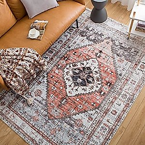 Persian Area Rug Non-Slip Machine Washable Carpet Stain Resistant Rug 3'11"x5'11" for Living Room Bedroom Dining Room Kids Nursery Office Laundry Room Decor Bathroom Kitchen Indoor (Garnet/Grey)