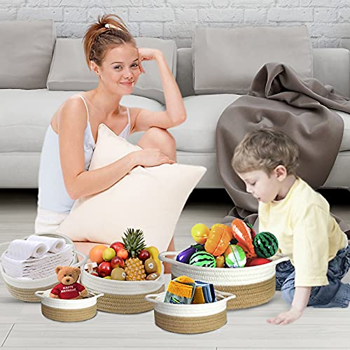 Voil mart Cotton Rope Basket Set of 5,Rope Basket with Handles,Woven Storage Basket,White and Jute Decorative Toy Baskets Setfor Baby Nursery toys, Remote, Controls, Phone, Stationary, Makeup