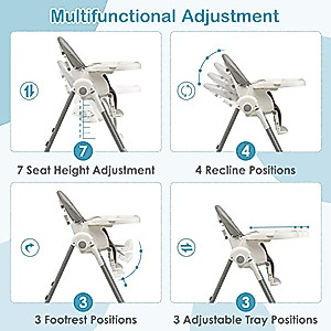 INFANS High Chair for Babies and Toddlers, Foldable Highchair with 7 Different Heights 4 Reclining Backrest Seat 3 Setting Footrest, Removable Tray Built-in Rear Wheels with Locks (Grey)