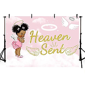 MEHOFOTO 7x5ft Heaven Sent Girl Baby Shower Party Backdrop Props Light Pink Sky White Cloud Angel Wing Decorations God Gift Photography Background Photo Banner for Dessert Table Supplies