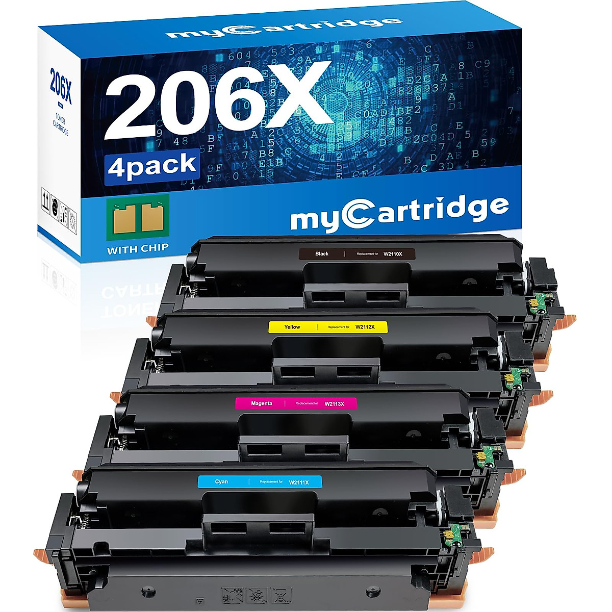 myCartridge 206X Toner Cartridges 4 Pack High Yield (with Chip) Compatible Replacements for 206A 206X HP Toner Cartridge Set for HP Color Laserjet Pro MFP M283fdw M283cdw M282nw M255dw，W2110X W2110A