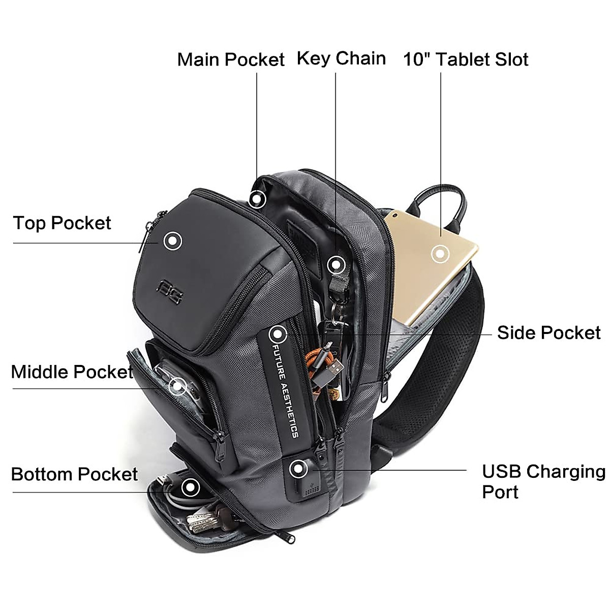 Sling Bag for Men Shoulder Crossbody Bags Sling Backpack with USB Charging Port Waterproof Travel Hiking Outdoor Daypack (Black-1)