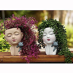 JYTTI Face Planters Pots Head Planter, Face Planter, Face Plant Pot Heads, Statue Plant Pots Indoor, Succulent Flower Pots with Drainage, Cat Lady Planters for Indoor/Outdoor Plants(7 Inch Khaki)