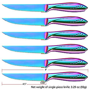 WELLSTAR Rainbow Serrated Steak Knife Set of 6, Razor Sharp German Steel Blade 4.75 inch and Comfortable Stainless Steel Hollow Handle with Titanium Coated Dinner Table Knives Set for Home Restaurant