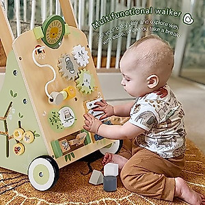 Wooden Baby Push Walker and Toddler Pull Learning Activity Toy - Develop Motor Skills & Creativity - Multiple Activities Center for 1-3 Years Old Boys and Girls