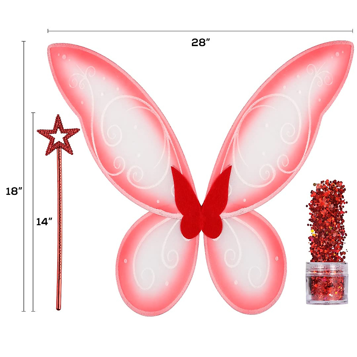 Funcredible Fairy Accessories Set - Fairy Wings, Fairy Wand with Fairy Glitter - Red Tooth Fairy Wings - Halloween Cosplay Party Favors for Women, Men and Kids