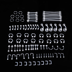 LOLIAS 98PCS Clear Piercing Retainer Septum Nose Studs Flexible Lip Ear Nose Hoop Tongue Ring Nipple Ring Cartilage Tragus Daith Earring Retainer Plastic Industrial Piercing Jewelry for Surgery&Work