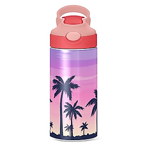 Purple Sky Palm Trees Kids Water Bottle with Straw Lid, Vacuum Insulated Stainless Steel Double Walled Leakproof Tumbler Travel Cup for Girls Boys Toddlers, 12 oz