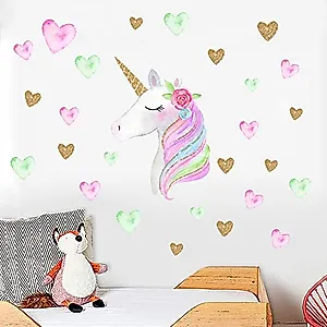 vkbuou Unicorn Rainbow Wall Decals Removable Wall Stickers for Girls Bedroom with Heart Star Cloud Rainbow Perfect Unicorn Wall Decals to Decorate Kids Room Nursery Birthday Party (3 Sheets)