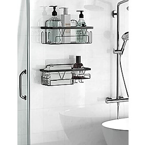 2-Pack Shower Caddy with Hooks Adhesive Shelf Shower Organizer Bathtub Storage Accessories, No Drilling Wall Mounted Stainless Steel Shower Shelves for Inside Shower for Bathtub and Kitchen, Black