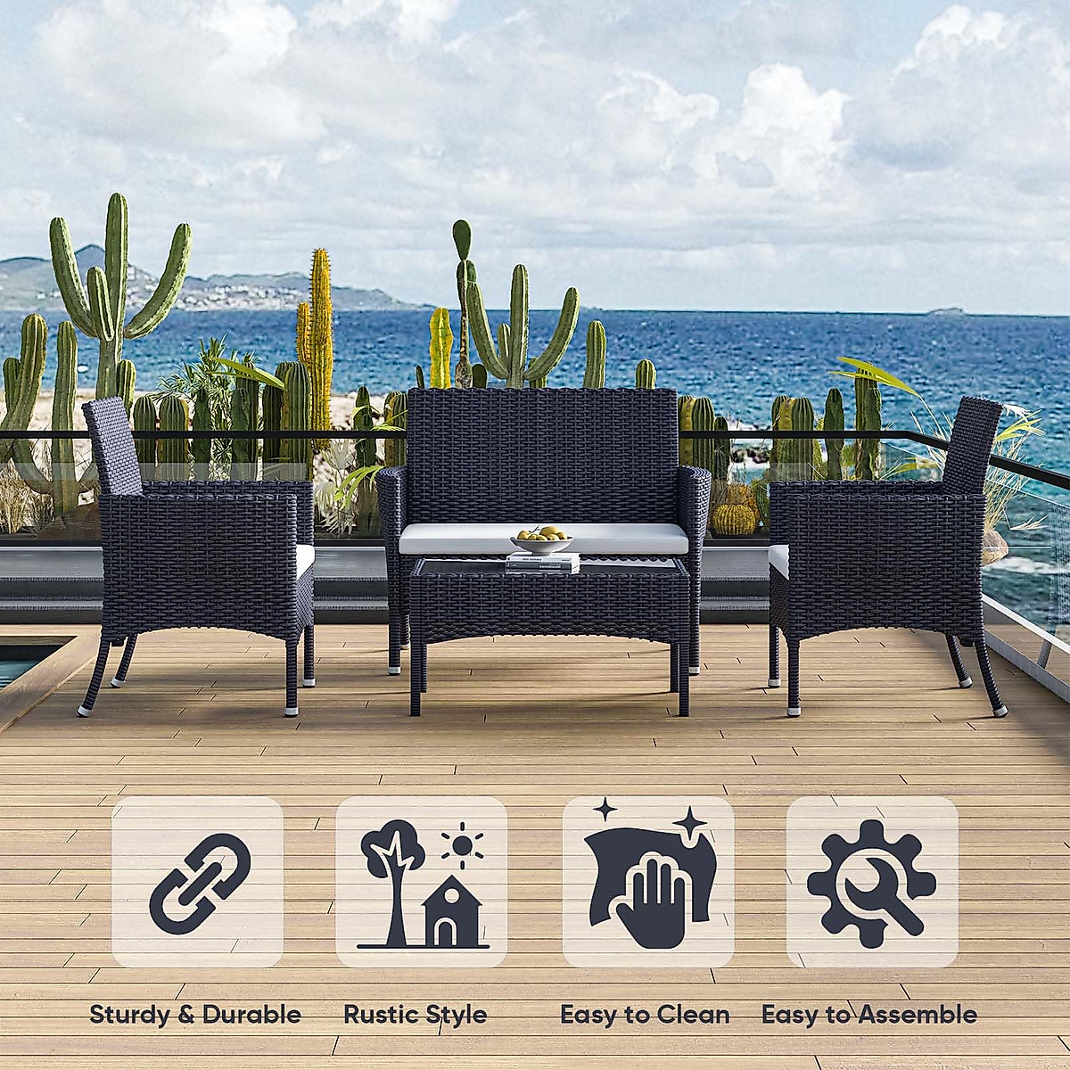 XZHQHB Patio Furniture Set of 4 Wicker Conversation Set with Soft Cushion Sofa Set Porch Outdoor PE Rattan Garden Chairs Sets with Tempered Glass Top Coffee Table, Black and Beige