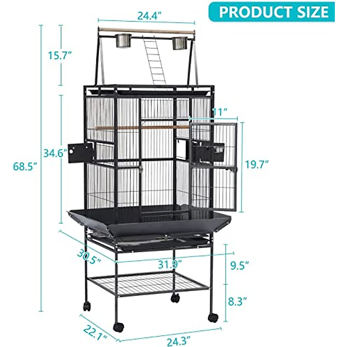 Kinsuite Large Bird Cage with Play Top, 68 Inch Iron Parrot Bird Cage with Rolling Stand for Parakeets Lovebird Cockatiel Pet Birds, Black