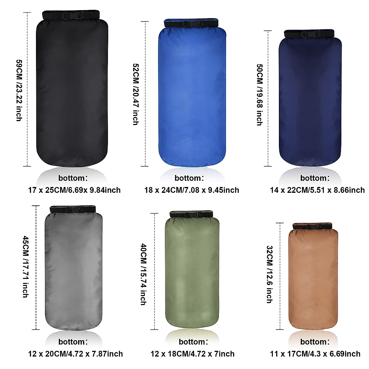 6 Stück Wasserdichte Trockenbeutel Set Trockensack Leicht Luftdicht Packsack Set 20 L 15 L 10 L 8 L 5 L 3 L Trockentasche und Lang Verstellbar Schultergurt für Kajakfahren (Dunkle Farbe)