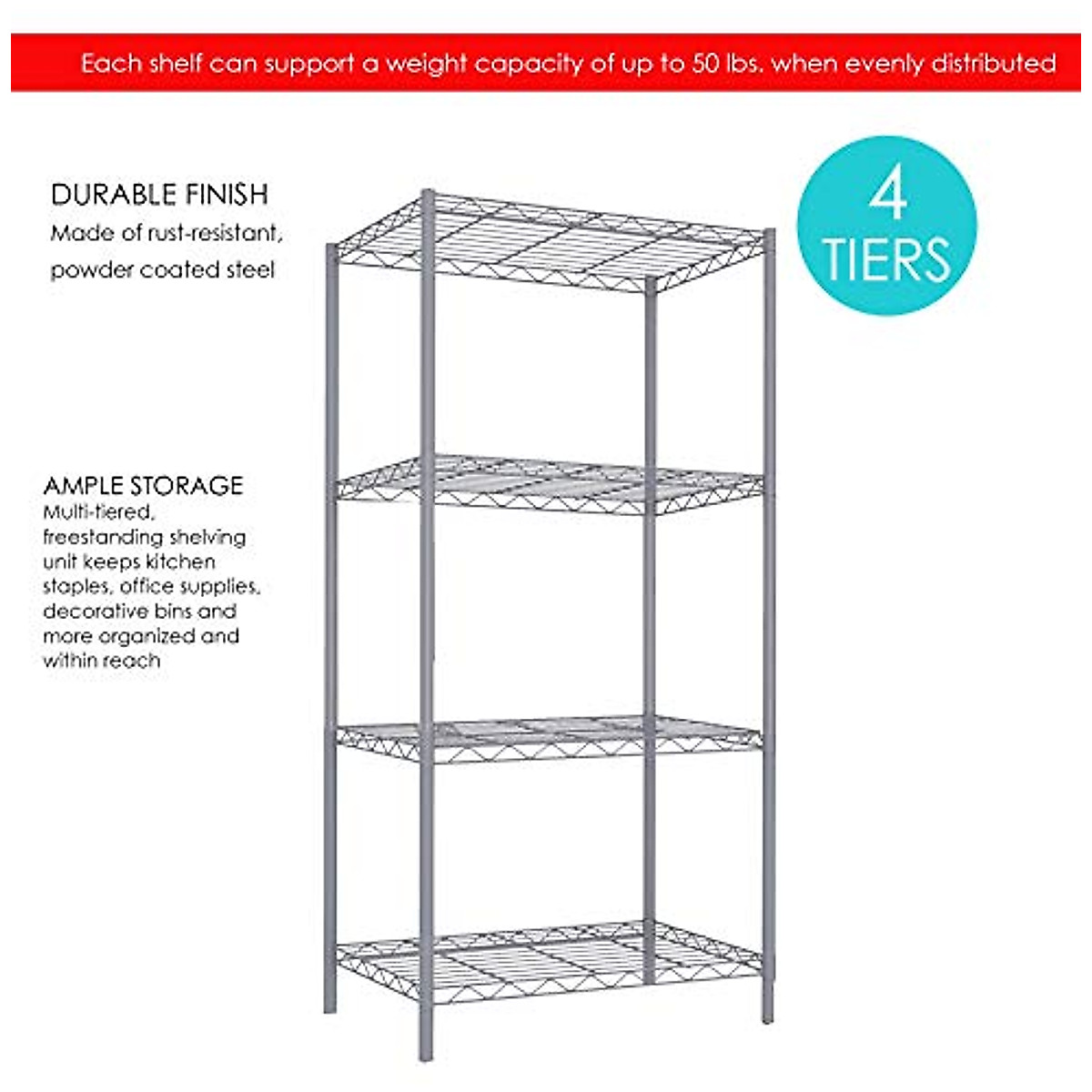 Home Basics 4 Tier Steel Wire Shelf Rack Heavy Duty Storage Shelving Unit for Kitchen Pantry Laundry Garage Closet Utility Organization , Grey