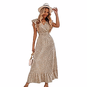 MakeMeChic Women's Allover Print Ruffle Sleeve V Neck Ruffle Hem A Line Summer Maxi Dress Khaki L