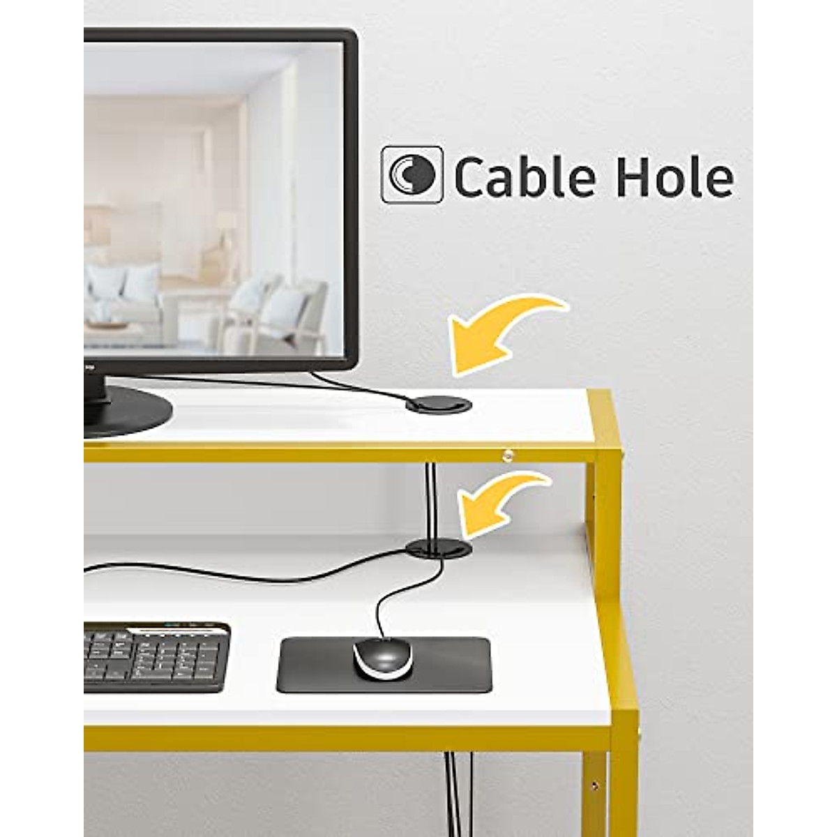 Teraves Computer Desk with 5 Tier Shelves,Reversible Writing Desk with Storage 49 Inch Study Table for Home Office Independent Bookcase and Desk for Multiple Scenes (Desk+Shelves, White+Gold Frame)