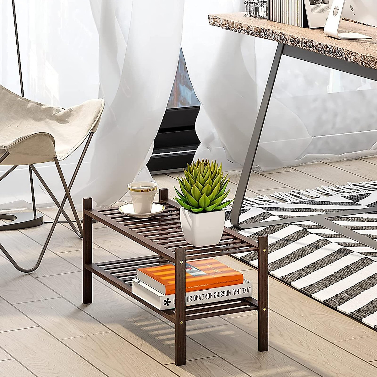 Bamboo Shoe Rack Organizer for Closet and Entryway - Space-Saving Narrow Shoe Stand - Versatile Shoe Holder for Door or Closet Shelf,Garage Bedroom can Freely Stack DIY Small Shoe Racks 3Tier Brown