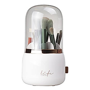 Y.duck Pink Makeup Brush Holder with Lid - 360 Rotating Makeup Organizer for Vanity - Dustproof Make Up Organizers and Storage-With Makeup Brush Cleaner Mat (White)