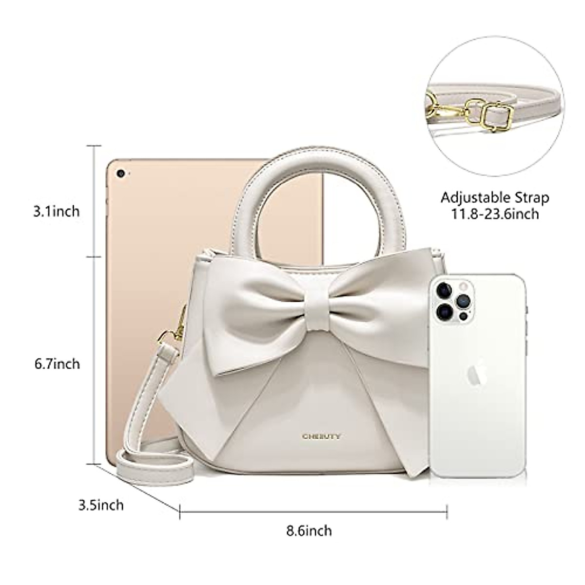 CHERUTY Designer Leather Handbags and Purses for Women with Top Carry Handle and Cute Bow Knot, Small and Elegant Satchel bags and Over-Shoulder Strap(Black)