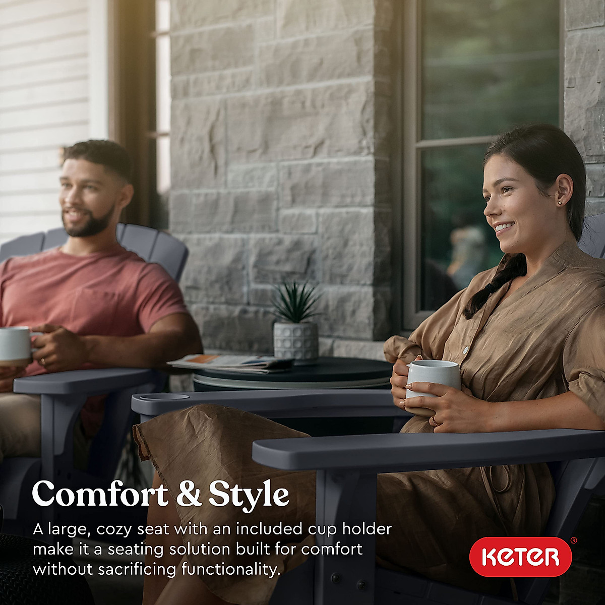 Keter Alpine Adirondack 2 Pack Resin Outdoor Furniture Patio Chairs with Cup Holder-Perfect for Beach, Pool, and Fire Pit Seating, Dark Grey