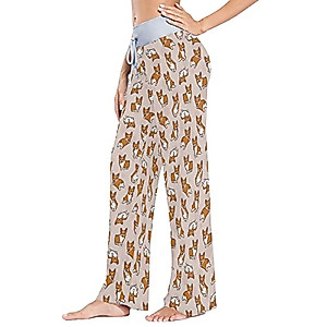 Women's Comfy Pajama Pants Cartoon Corgis Pattern Casual Drawstring Palazzo Lounge Wide Leg Pants, Medium