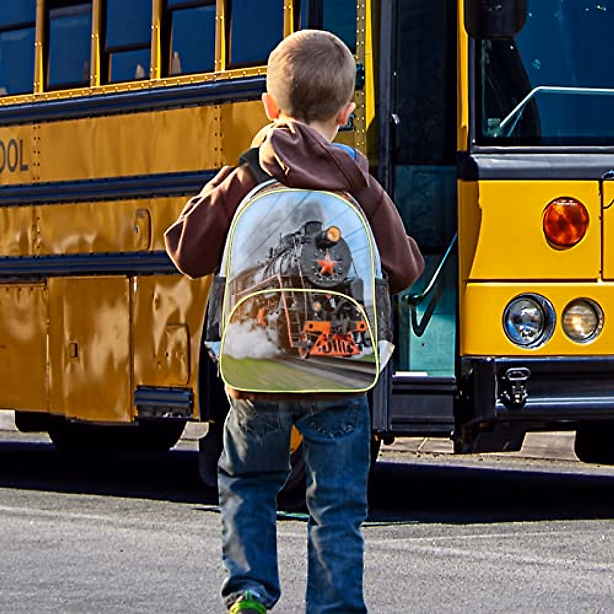 Steam Train Kids Backpack for Boys Girls, Vintage Locomotive Toddler Backpack School Bag Water Resistant Bookbag Travel Children Bag, Nursery Junior Primary Student Preschool Backpack With Chest Strap