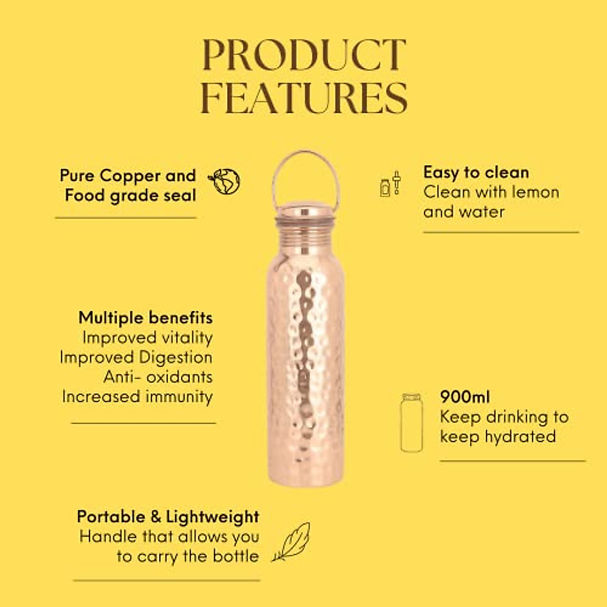 Shakti Warrior Hammered Tamba Copper Bottle - Pure Copper Water Bottle, Food Grade Silicone Seal, Leak Proof (30oz)