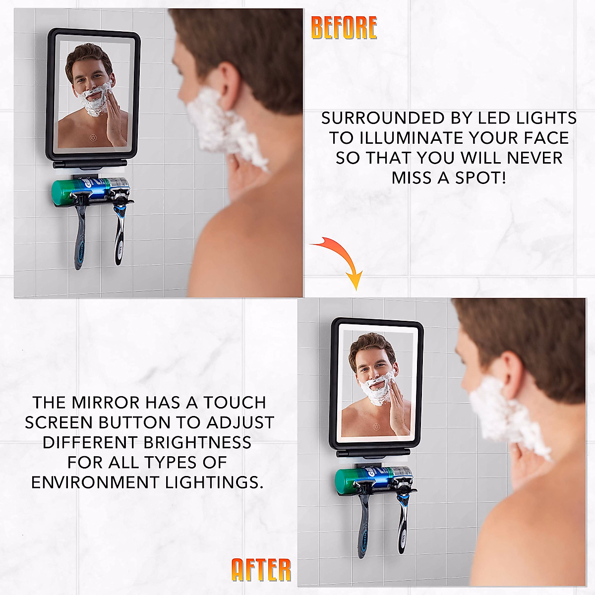Clean Shave Fogless Shower Shaving Mirror with LED Lights - Clear Bright Mirror - Modern, Smooth Design - Storage for Razor and Bathroom Accessories - Squeegee - Tile or Wall Mounted, Easy to Install