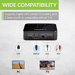 Avantree Audikast Plus Bluetooth 5.0 Transmitter for TV with Volume Control, aptX Low Latency Audio Adapter for 2 Headphones (Optical, AUX, RCA, USB), Class 1 Long Range 100ft - No Receiver Mode