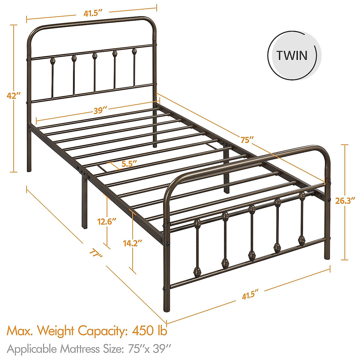 Topeakmart Twin Size Victorian Style Metal Bed Frame with Headboard/Mattress Foundation/No Box Spring Needed/Under Bed Storage/Strong Slat Support Bronze