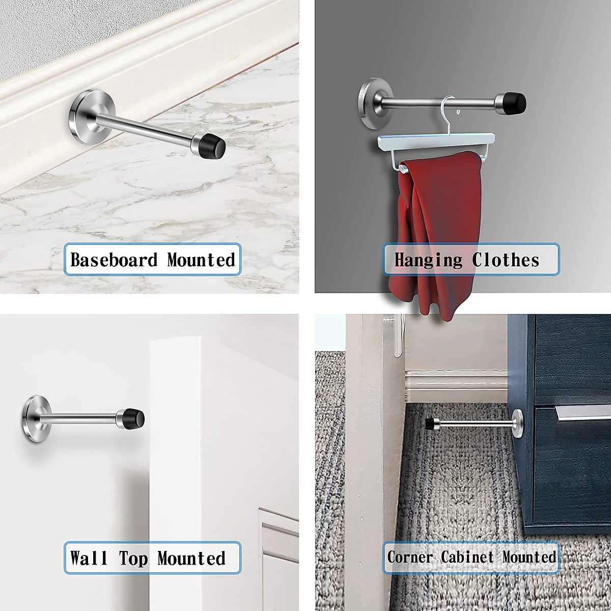 Door Stoppers 6 inch Door Stops Heavy Duty RustProof Stainless Steel Screw-in Door Holder with BabyProof Black Rubber Bumper Tips - Protects Your Walls - Long Door Stop Silver 1 Pack
