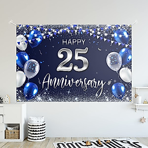 Happy 25th Anniversary Backdrop Banner Decor Navy Blue – Silver Glitter Happy 25 Years Wedding Anniversary Party Theme Decorations for Women Men Supplies
