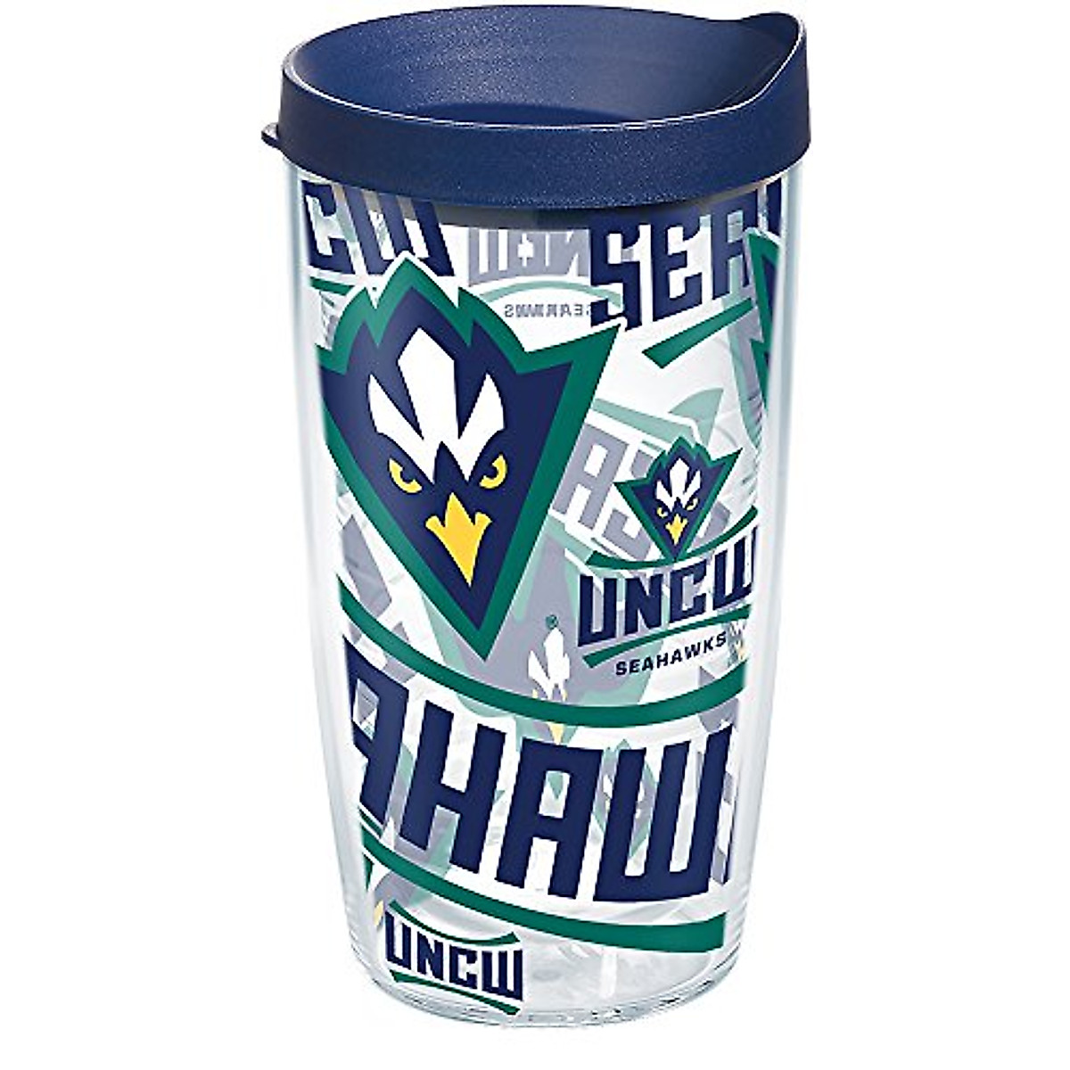 Tervis UNC Wilmington Seahawks All Over Insulated Tumbler with Wrap and Navy Lid, 16oz, Clear