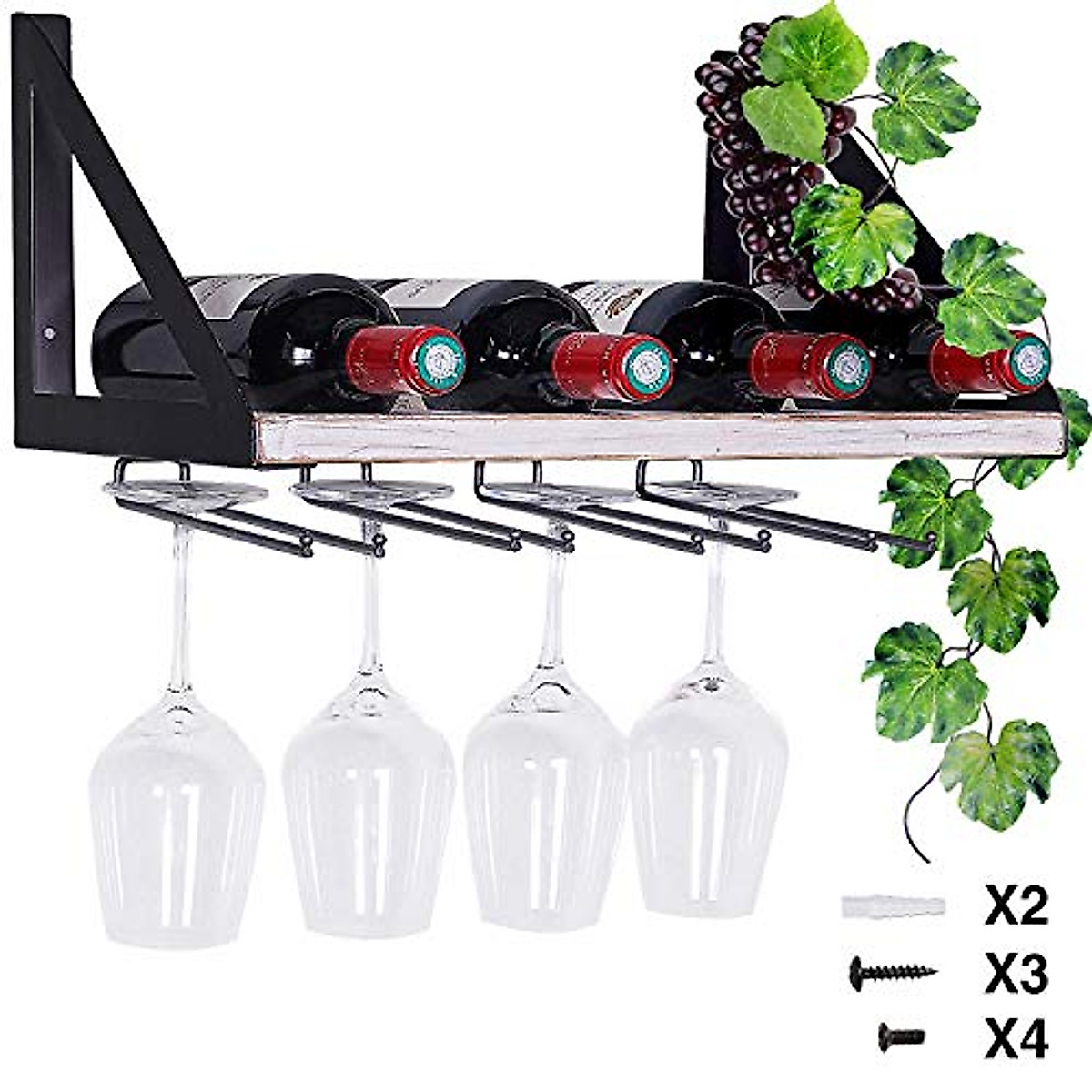 Rustic Wood Wine Rack Wall Mounted 15 Inch Wine Storage Holder Racks, Stemware Racks for Bar, Kitchen Dining